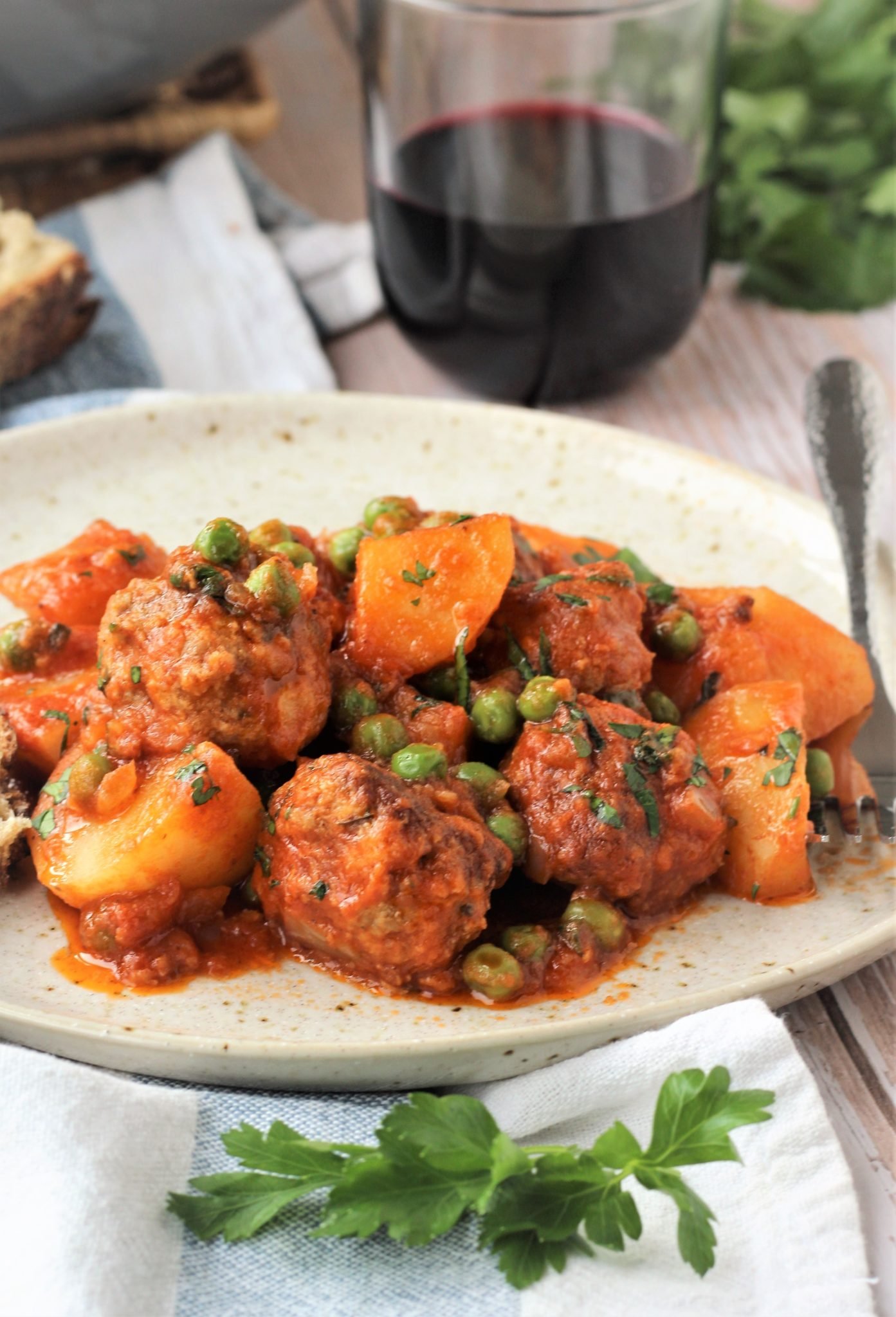 Italian Meatball Stew with Potatoes and Peas - Mangia Bedda