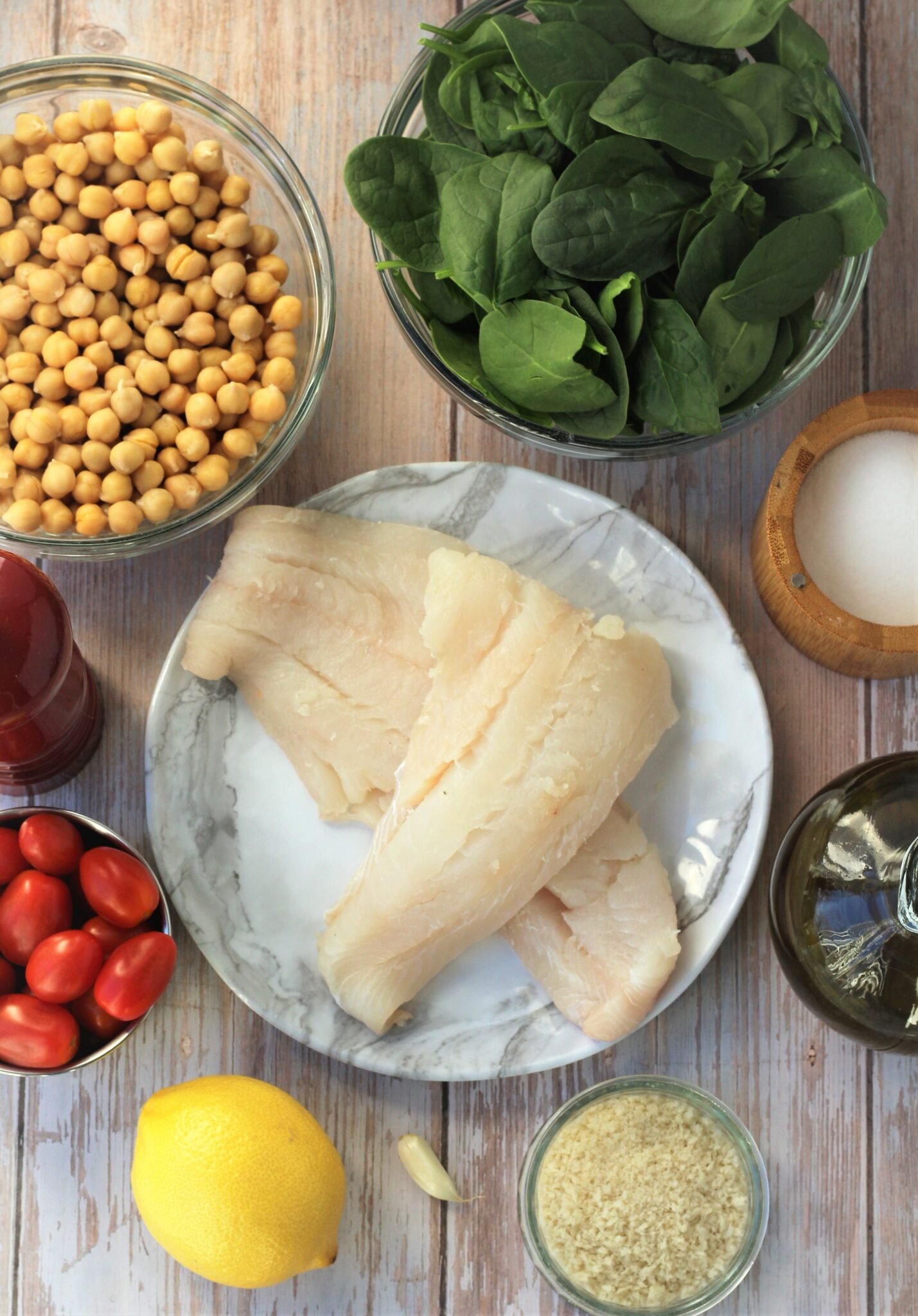 Oven Baked Fish with Chickpeas, Spinach and Tomatoes - Mangia Bedda