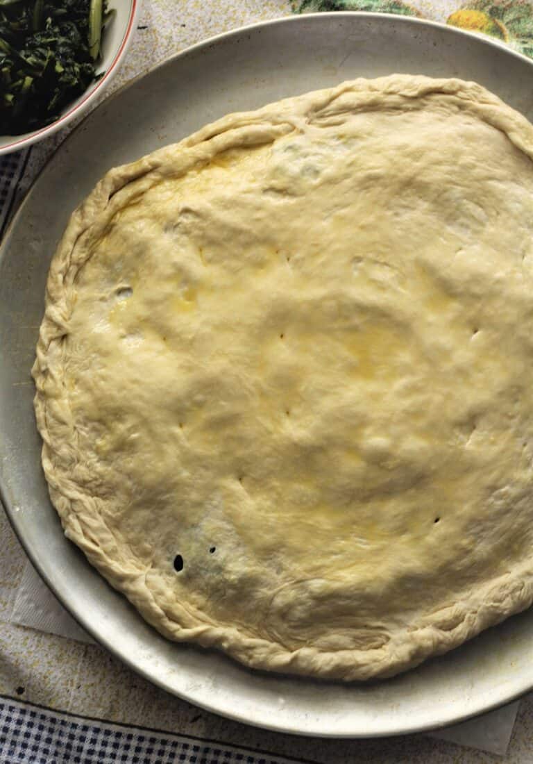 Chicory, Egg and Cheese Stuffed Pizza - Mangia Bedda